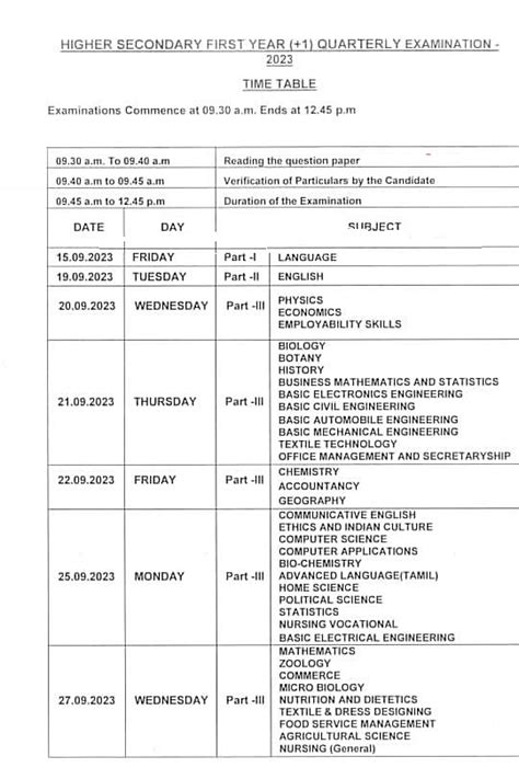 11th Quarterly Exam Time Table 2023
