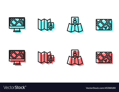 Set Line Folded Map With Location Marker Monitor Vector Image