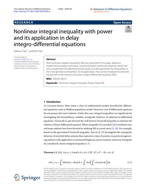 Pdf Nonlinear Integral Inequality With Power And Its Application In Delay Integro Differential