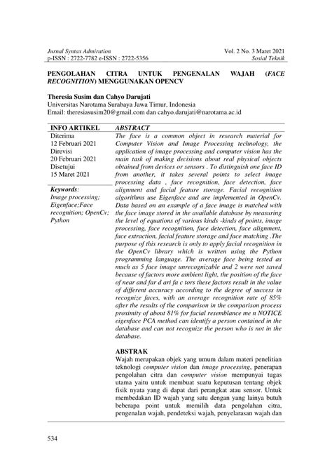 Pdf Pengolahan Citra Untuk Pengenalan Wajah Face Recognition
