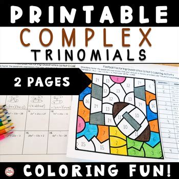 Football Coloring Sheet Quadratics Factor Complex Trinomials 10th Grade Algebra
