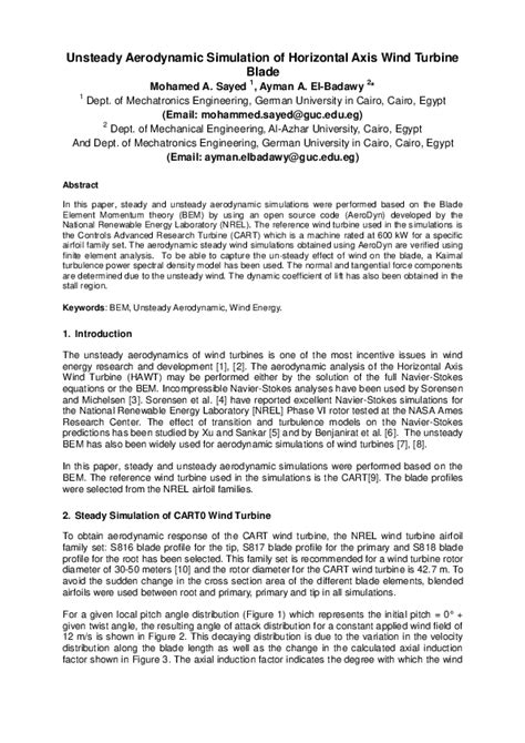 Pdf Unsteady Aerodynamic Simulation Of Horizontal Axis Wind Turbine Blade