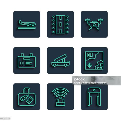 세트 라인 가방 라우터 와이파이 신호 공항의 금속 탐지기 무인 항공기 비행 승객 사다리 공항 보드 비행기 및 세계 여행지도 아이콘 벡터 가방에 대한 스톡 벡터 아트 및 기타