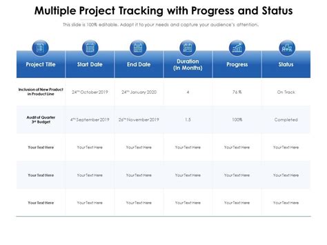 Multiple Project Tracking With Progress And Status Presentation Graphics Presentation