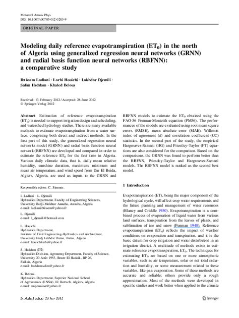 Pdf Modeling Daily Reference Evapotranspiration Et0 In The North Of Algeria Using