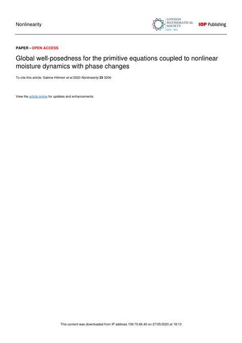 Pdf Global Well Posedness For The Primitive Equations Coupled To Nonlinear Moisture Dynamics