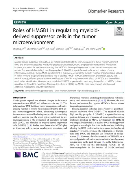 Pdf Roles Of Hmgb1 In Regulating Myeloid Derived Suppressor Cells In The Tumor Microenvironment
