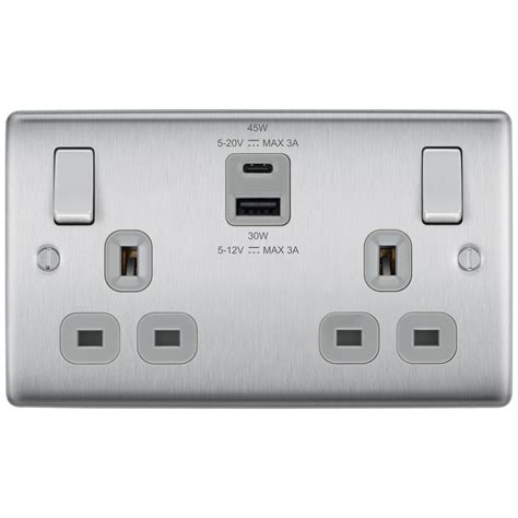 Avenue Contour Brushed Steel 13a Double Socket Switched Grey
