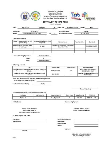 Equivalent Record Form Schools Division Of Nueva Ecija Pdf Teachers Further Education