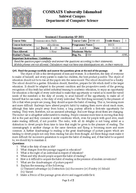 Question Paper Communication Skills Sp21 Comsats University Islamabad Sahiwal Campus