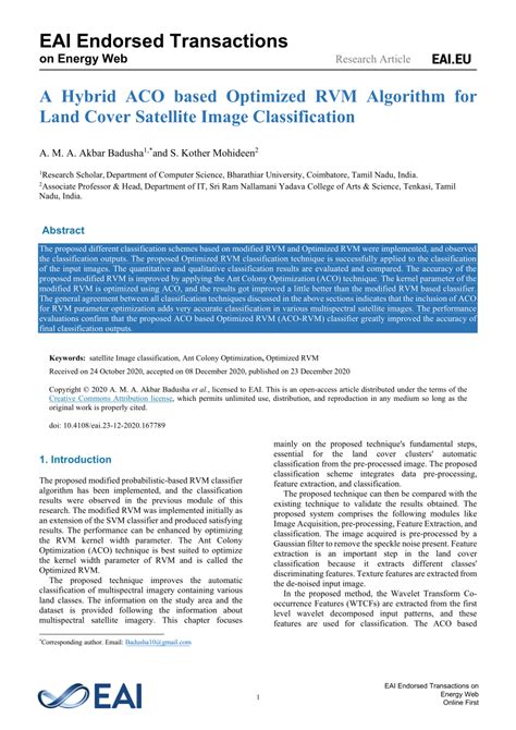 Pdf A Hybrid Aco Based Optimized Rvm Algorithm For Land Cover