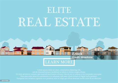 대 여 및 판매 평면 건물 스타일에 귀여운 집의 벡터 그림 블루 파스텔 색상으로 배경입니다 나무와 관목 국가 전망 호화 스러운 부동산을 판매 하는 웹사이트에 대 한 배너