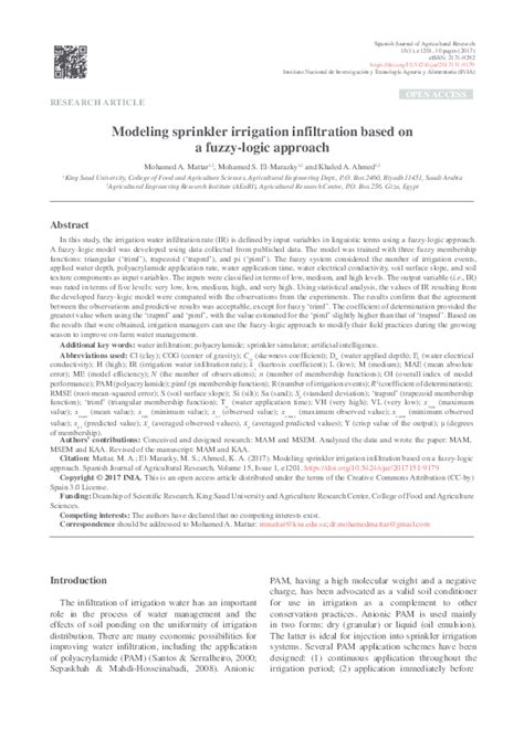Pdf Modeling Sprinkler Irrigation Infiltration Based On A Fuzzy Logic Approach