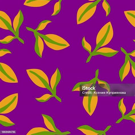 매끄러운 패턴 노란색과 녹색 잎으로 분기합니다 보라색 배경 가을 봄 또는 여름 자연과 생태학 포장 및 포장지 벽지 스크랩북 섬유 및 엽서 0명에 대한 스톡 벡터 아트 및