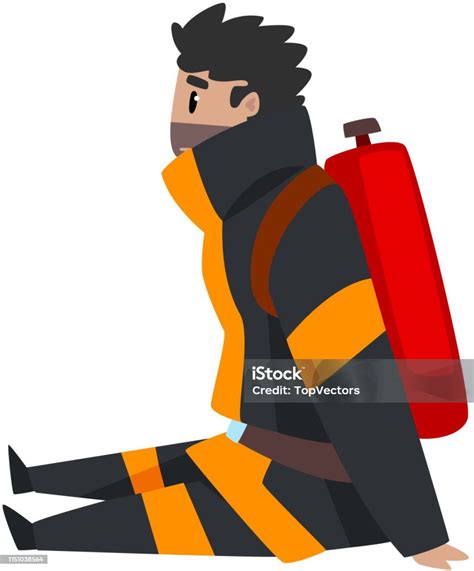 바닥에 앉아 피곤한 소방 관 흰색 바탕에 작업 벡터 일러스트 레이 션에서 유니폼에 소방 관 문자 구조에 대한 스톡 벡터 아트 및