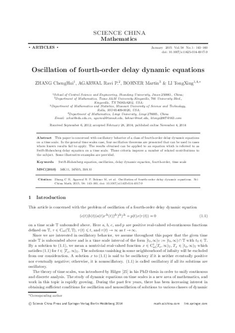 Pdf Oscillation Of Fourth Order Delay Dynamic Equations Martin Bohner