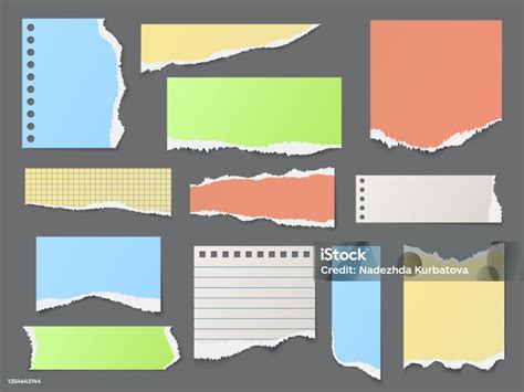 색상 찢어진 종이 스트립 사실적인 찢어진 메모장 페이지 빈 빈 시트의 다른 레이어링 비정형 파쇄 고르지 않은 가장자리 메모 노트