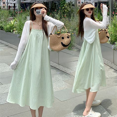 봄 여름 뷔스티에롱원피스 프릴 스모킹 밴딩 민소매 여리 A라인 얇은 긴팔가디건 볼레로 러블리 데일리 여행룩 바캉스 투피스