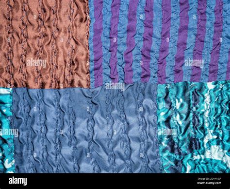 Textile Background Hand Crafted Detail Of Blue Patchwork Fabric Stock