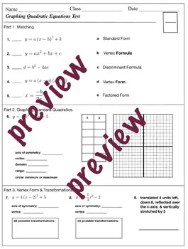 Graphing Quadratic Equations Unit Study Guide Test Algebra