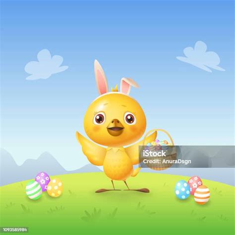 토끼와 닭 귀와 꾸며진된 달걀 바구니 축 하 부활절봄 풍경 배경 0명에 대한 스톡 벡터 아트 및 기타 이미지 0명 3차원