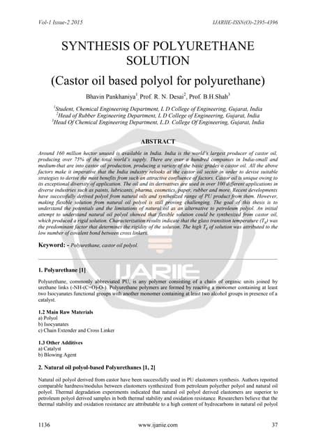 Synthesis Of Polyurethane Solution Castor Oil Based Polyol For