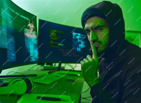 Premium Photo Computer Hacker Neon And Portrait Of A Man With Secret For Hacking Phishing Or