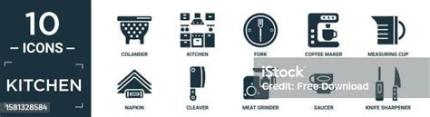 채워진 주방 아이콘 세트입니다 플랫 소쿠리 주방 포크 커피 메이커 계량 컵 냅킨 식칼 고기 분쇄기 접시 칼깎이 아이콘을 편집 가능한 형식으로 포함합니다 계량컵에 대한 스톡