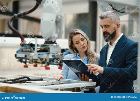 Female Engineer And Male Production Manager Standing In Modern Industrial Factory Talking About