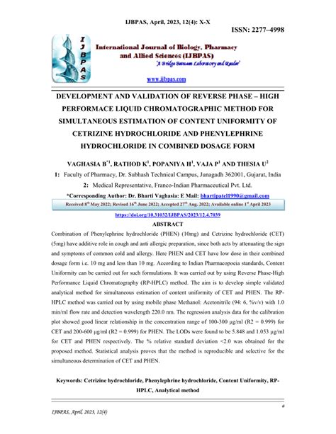 Pdf Development And Validation Of Reverse Phase High Performace Liquid Chromatographic Method