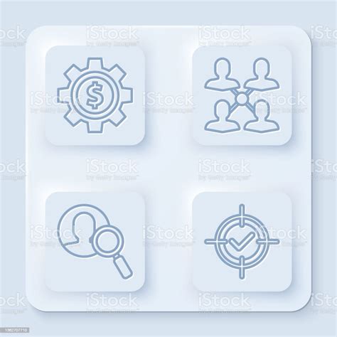 달러 기호 프로젝트 팀 베이스 사람을 검색하고 대상 및 확인 표시를 위한 돋보기와 라인 기어를 설정합니다 흰색 정사각형 버튼