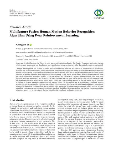 Pdf Multifeature Fusion Human Motion Behavior Recognition Algorithm Using Deep Reinforcement