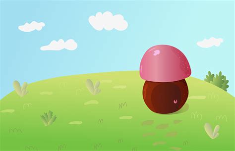 잔디가있는 벡터 만화 초원 풍경 하얀 구름이있는 푸른 하늘 평평한 계곡 풍경 화창한 여름날에 버섯이있는 빈 녹색 들판 녹색 언덕 풍경 배경 빈 템플릿 경관에 대한 스톡 벡터