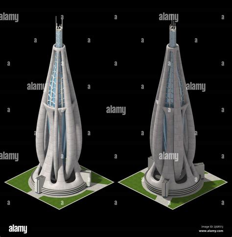3d futuristic architecture illustration for a tiled game rendered in dimetric projection at 2 1