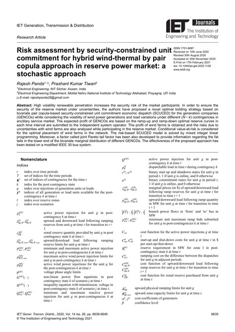 Pdf Risk Assessment By Security Constrained Unit Commitment For Hybrid Wind Thermal By Pair