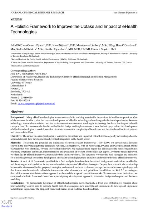 Pdf A Holistic Framework To Improve The Uptake And Impact Of Ehealth Technologies