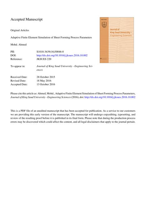 Pdf Adaptive Finite Element Simulation Of Sheet Forming Process Parameters