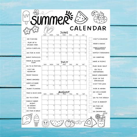 Printable Summer Calendar Poster Summer Activities Calendar Bucket