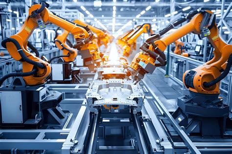 Automated Robotic Assembly Line Industrial Robots Precisely Constructing A Vehicle Chassis With