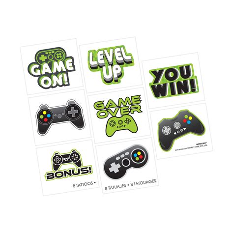 Level Up Game On Temporary Tattoos Green Black 8 Pk Wearable Favours For Birthdays