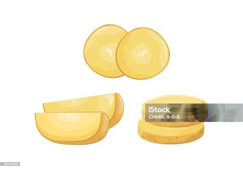 얇게 썬 감자 껍질을 벗기거나 비건 요리 조리 된 제품 만화 벡터 일러스트레이션에 삶은 구운 또는 생 반 감자로 다진 반지로