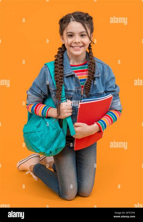 Happy Teen Girl Kneeling Yellow Background School Education In School September 1 Back To