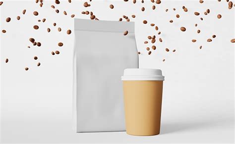 흰색 파우치 가방 종이 커피 컵 비행 콩 3d 렌더링 커피 숍 할인 데모 음식 배달을 가져 가라 가방에 대한 스톡 사진 및 기타 이미지 Istock