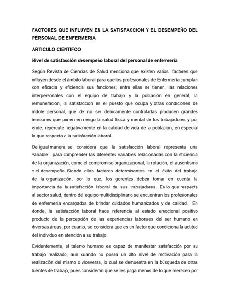 Factores Que Influyen En La Satisfaccion Y El Desempeño Del Personal De Enfermeria Descargar
