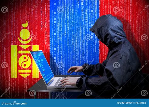 Anonymous Hooded Hacker Flag Of Mongolia Binary Code Cyber Attack Concept Stock Illustration