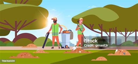 부부 관리인 은 진공 청소기 여자를 사용하여 쓰레기 남자를 모으는 쓰레기 청소 서비스 개념 믹스 레이스 클리너 작업 야외 도시 공원 풍경 배경 전체 길이 수평 갈퀴에 대한