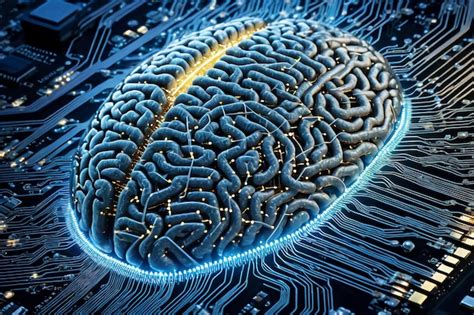 Human Brain Glowing From Processor Showing Neural Network Printed Circuit Of Big Data Premium