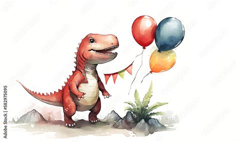 Watercolor Illustration Of Cute Dinosaur With Colorful Balloons