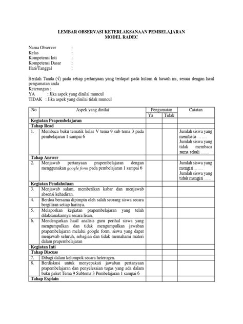 Hana Lestari Lembar Keterlaksanaan Pemebalajaran Model Radec Offline Pdf Pdf