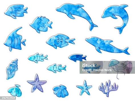 수채화 스타일의 푸른 돌고래와 바다 생물의 일러스트 세트 0명에 대한 스톡 벡터 아트 및 기타 이미지 0명 관광 리조트 귀여운 Istock